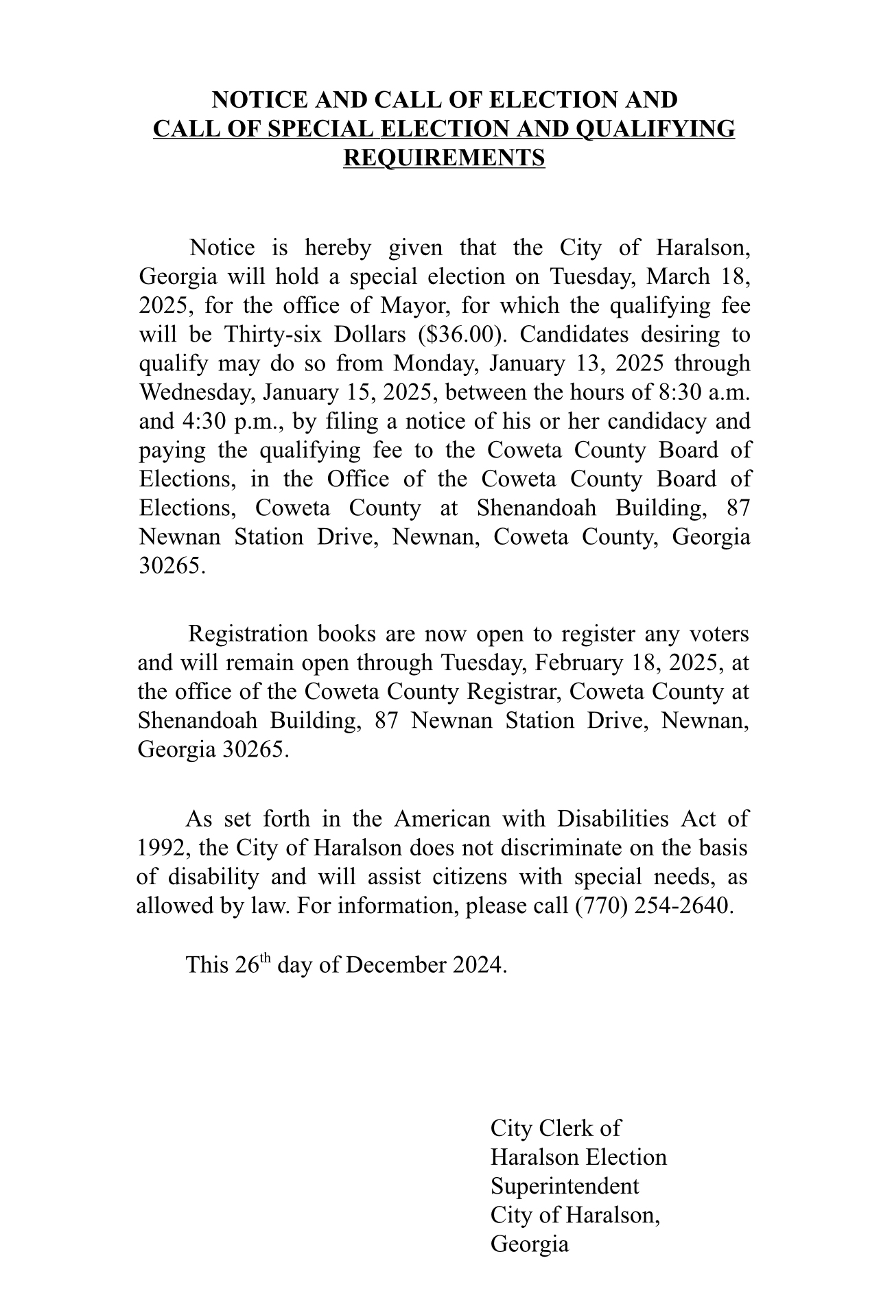 Announcements - City of Haralson